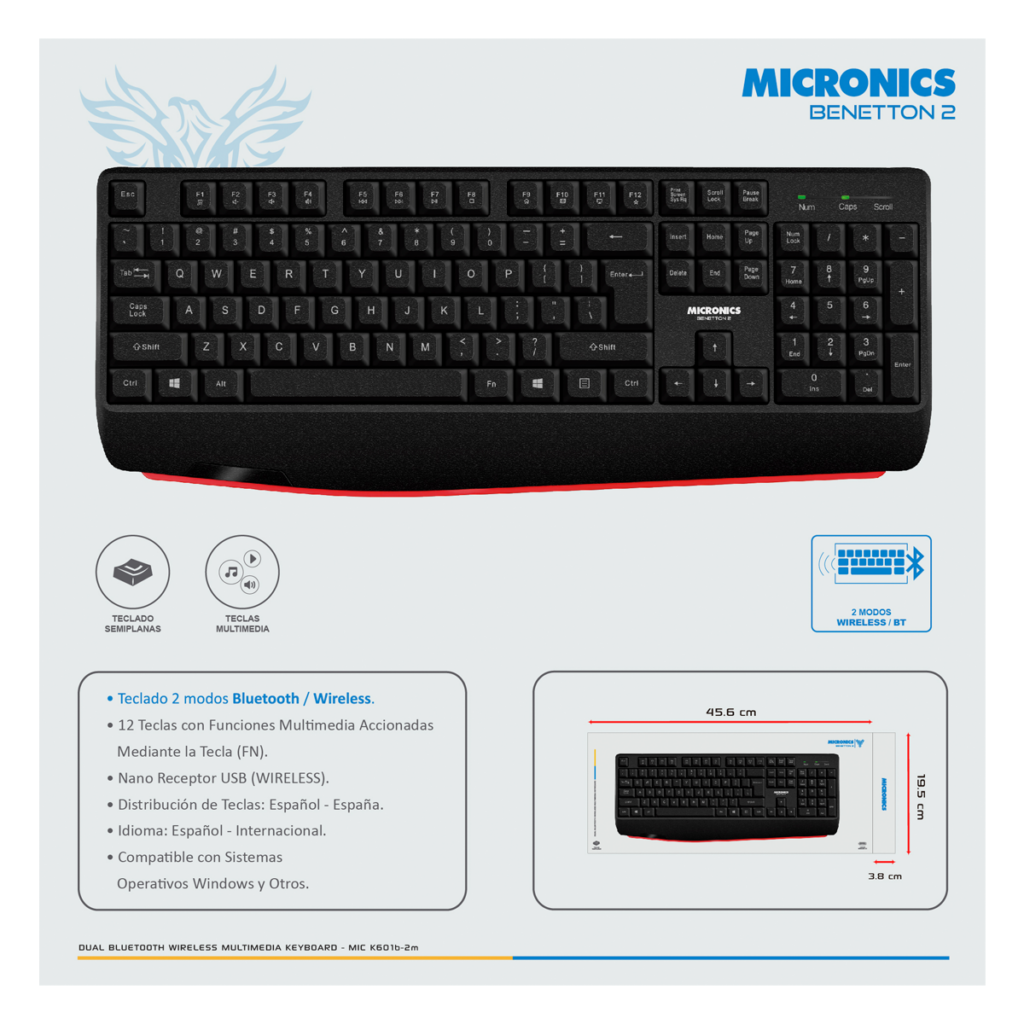 TECLADO MICRONICS BENETTON MIC K601-2M MULTIMEDIA WIFI BT - Compucentro